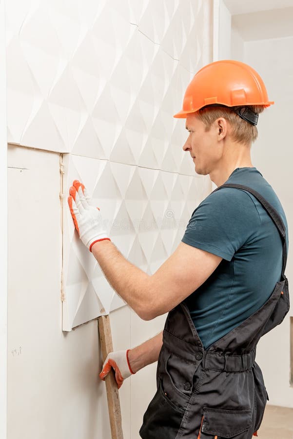 Installation of Gypsum 3D Panel Stock Image - Image of form, hand ...