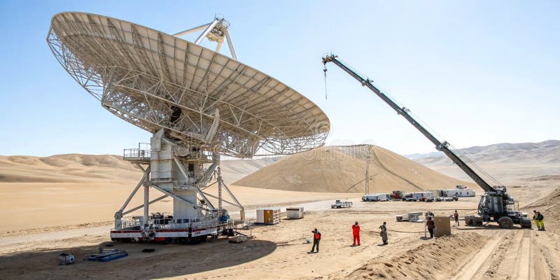 Installation of Huge Satellite Dish in a Desert Stock Illustration ...