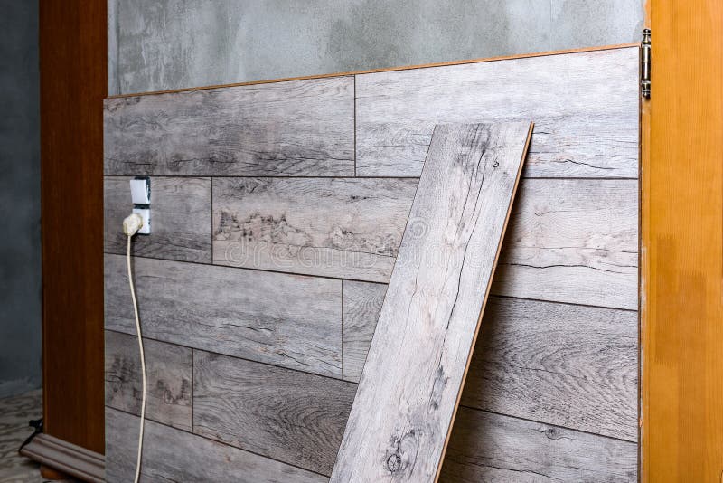 Installation of Laminated Panels on Wall at Room. Stock Image - Image ...