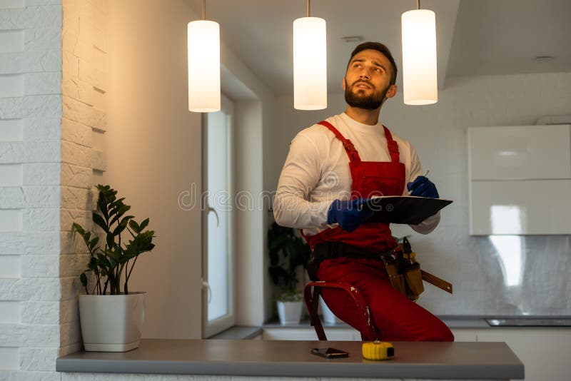 Installation Lighting. Builder is Holding a Tablet in His Hands ...