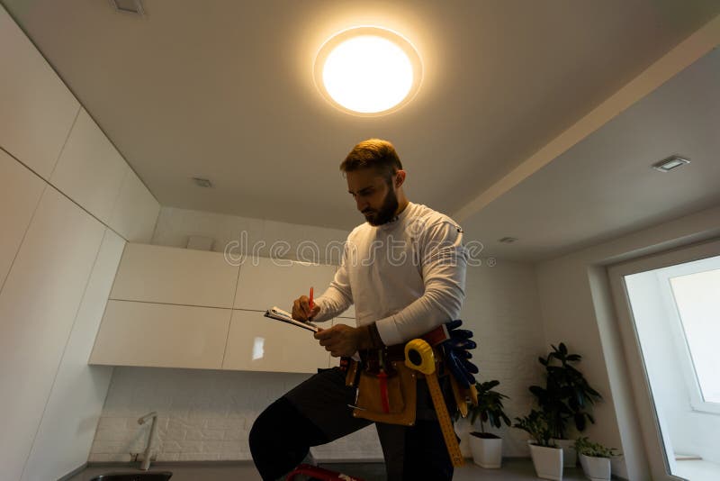 Installation Lighting. Builder is Holding a Tablet in His Hands ...