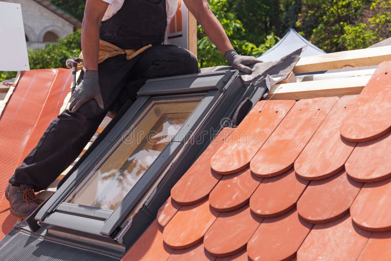 Installation of Mansard Windows on a New Roof of Red Tiles. Stock Photo ...