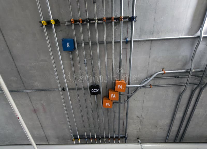 Installation Metal Power Pipe of Electrical Wiring on the Ceiling ...