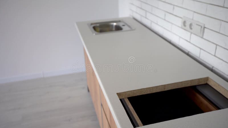 Installation of a New Kitchen,interior of Modern Wooden Kitchen during ...