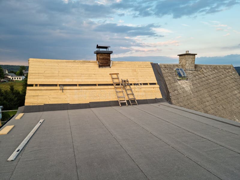 Installation of New Roof Boards at Construction the Assembled Roof on ...