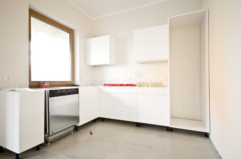 Installation Of New White Kitchen Stock Image - Image of installation ...
