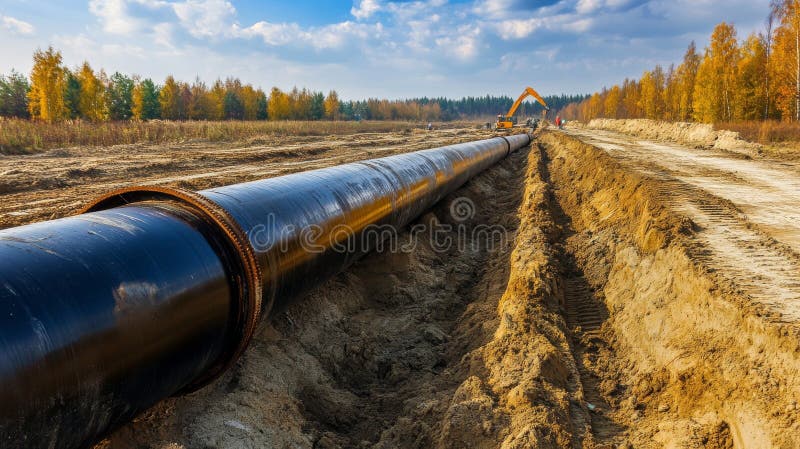 The Installation of a Pipeline Under Blue Skies in an Open Field Stock ...