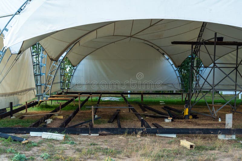Installation of Plywood Floors Inside a Large Event Tent Stock Photo ...