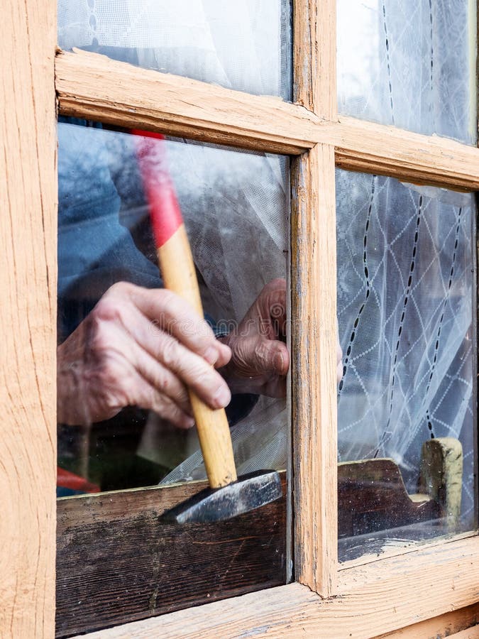 Installation Window Glass in Frame Using Hammer Stock Photo - Image of ...