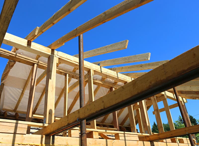 Installation of Wooden Beams at Construction of Frame House Stock Photo ...