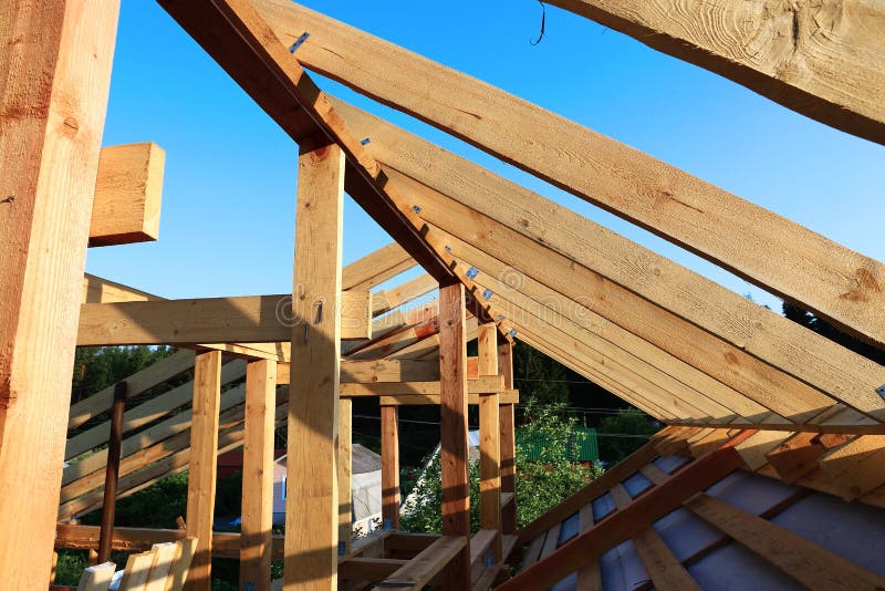 Installation of Wooden Beams at Construction Stock Image - Image of ...
