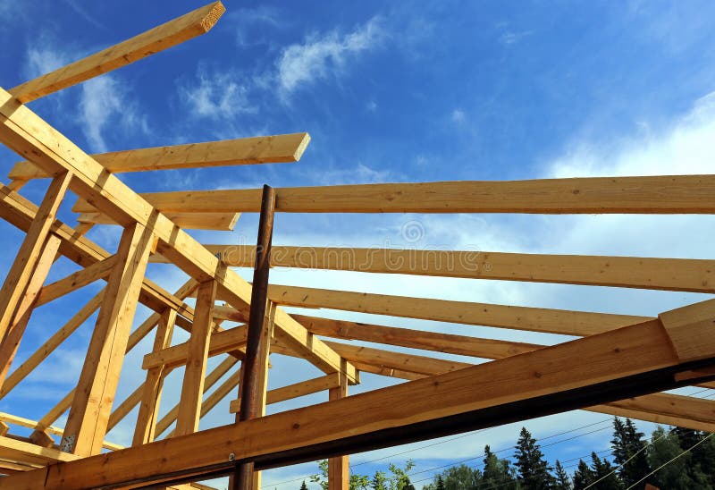 Installation of Wooden Beams at Construction of the House Stock Image ...