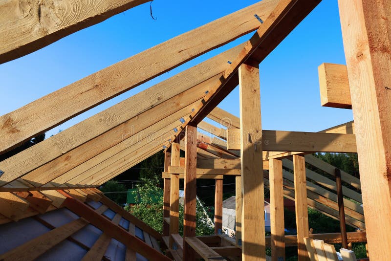 Installation of Wooden Beams at Construction of the House Stock Image ...