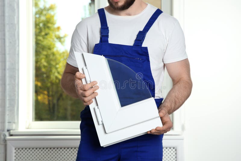 Installation Worker with Sample of Modern Window Profile Stock Photo ...