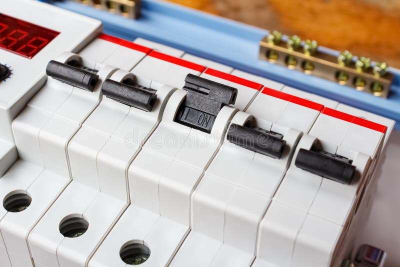 Installed Automatic Circuit Breakers in the Mounting Box Closeup Stock ...