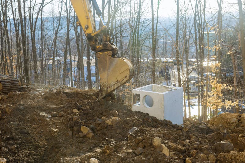 Installed Construction of Concrete Pipe of Drainage System Work on the ...