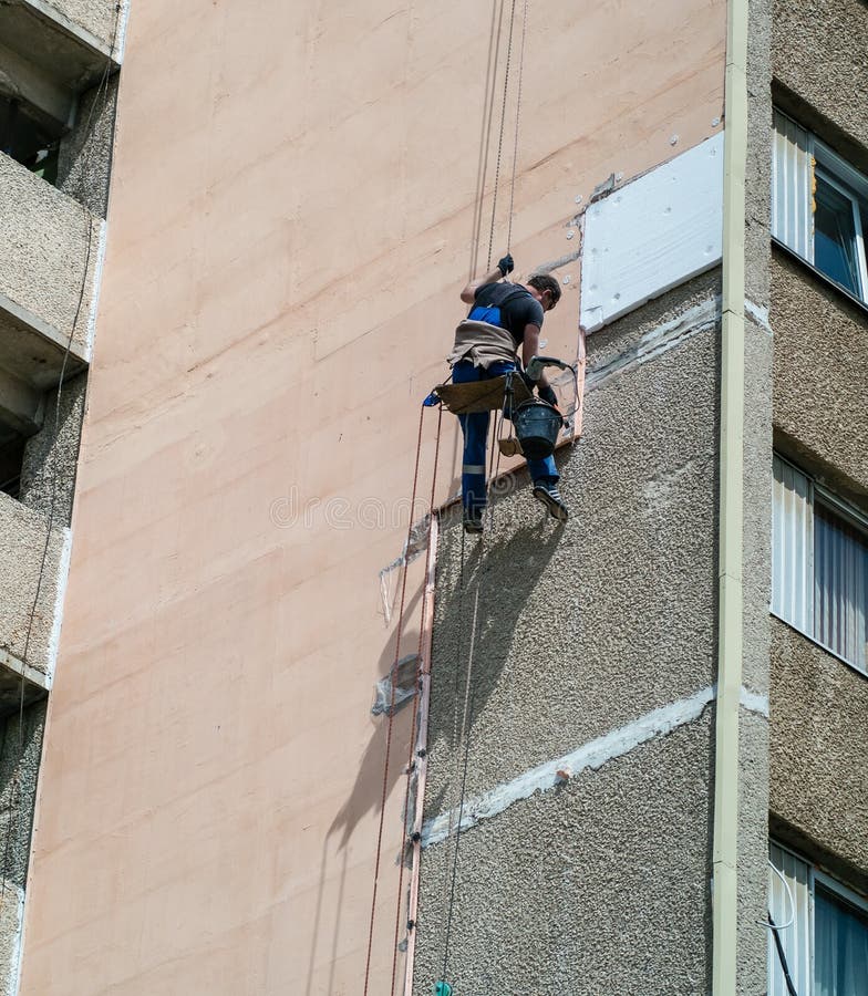 Installer on the Wall of a High-rise Building Editorial Stock Image ...