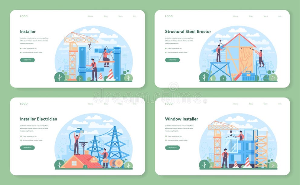 Installer Web Banner or Landing Page Set. Worker in Uniform Installing ...