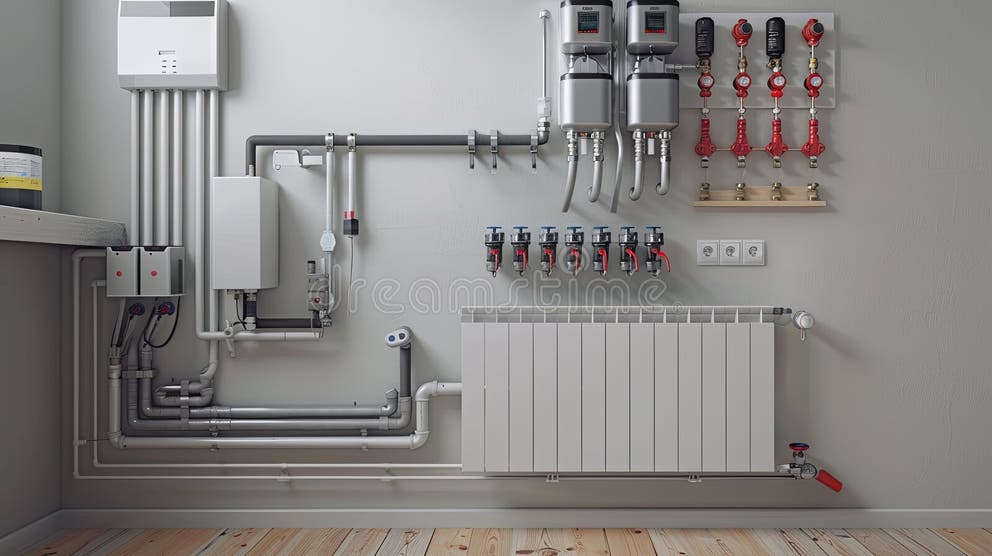 An Installer Works on the Complex Plumbing and Heating System for a ...