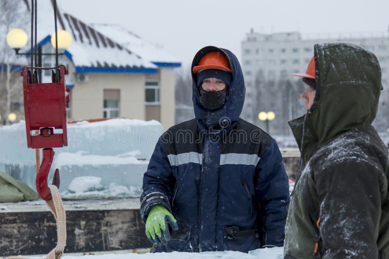 Workers on the Installation of the Ice Town Stock Image - Image of ...