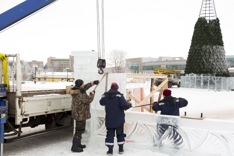 Installers at the Construction of the Ice Town Stock Image - Image of ...