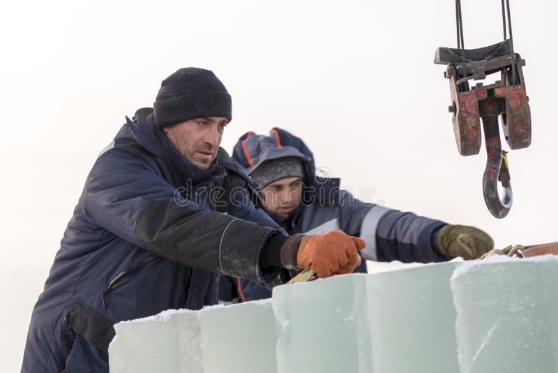 Workers Load Ice Blocks from a Car Stock Image - Image of bright, crane ...