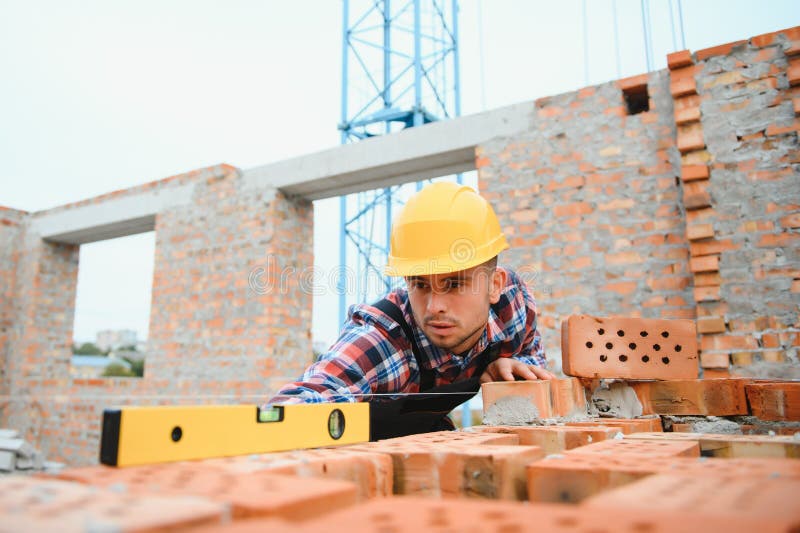 Installing Brick Wall. Construction Worker in Uniform and Safety ...