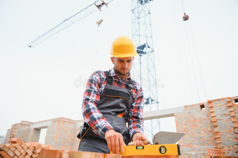 Installing Brick Wall. Construction Worker in Uniform and Safety ...