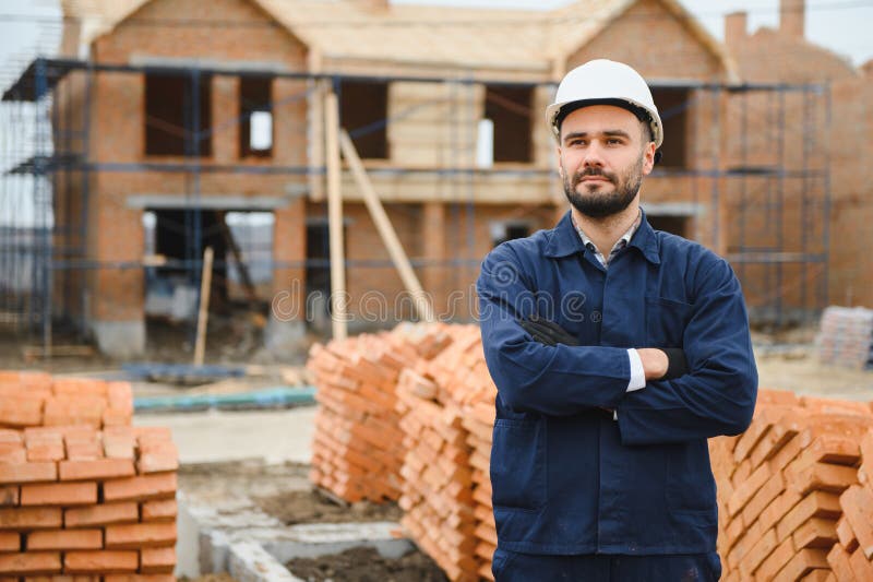Installing Brick Wall. Construction Worker in Uniform and Safety ...