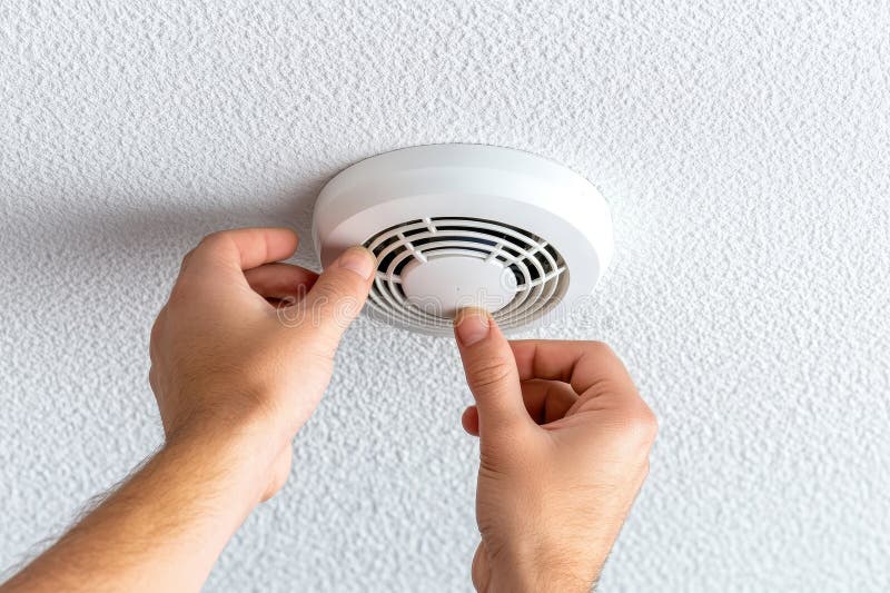 Installing Ceiling Smoke Detector Safety Hands Carefully Installing a ...