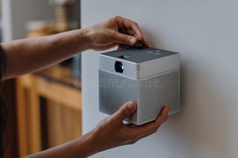 Installing Compact Smart Mini Projector on White Wall Stock ...