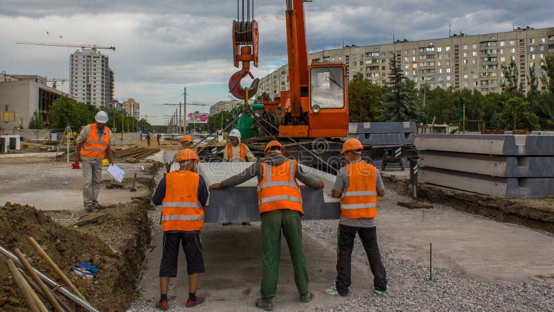 Installing Concrete Plates by Crane at Road Construction Site Timelapse ...