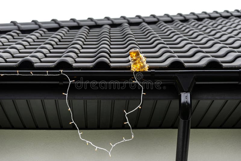 Installing LED Lights Along the Gutter Around the House, Decorating the ...