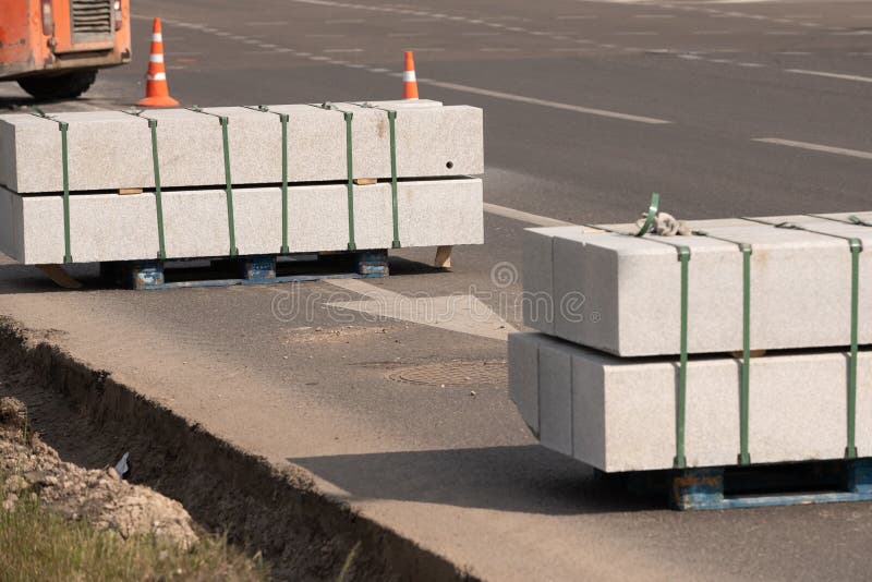 Installing Pavement Curb Level and Rubber Hammers Stock Image - Image ...