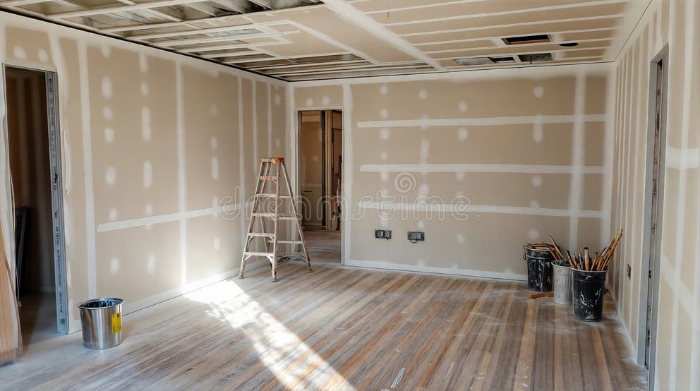 Installing Plasterboard on Walls and Ceiling during Renovation Project ...