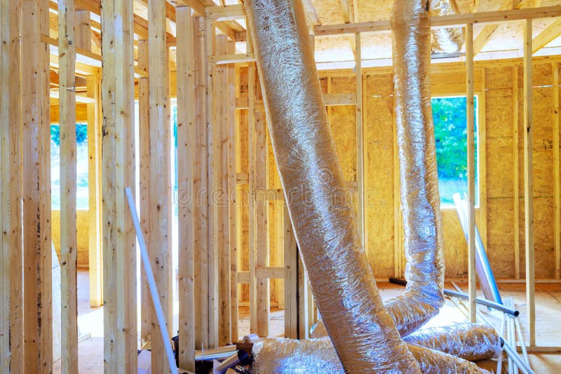 Installing Silver Insulation Ventilation HVAC Pipes on Ceiling To Roof ...