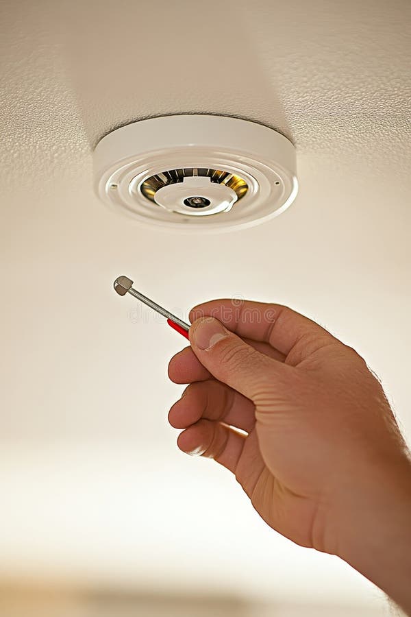 Installing a Smoke Detector on a White Ceiling Home Safety with a Hand ...
