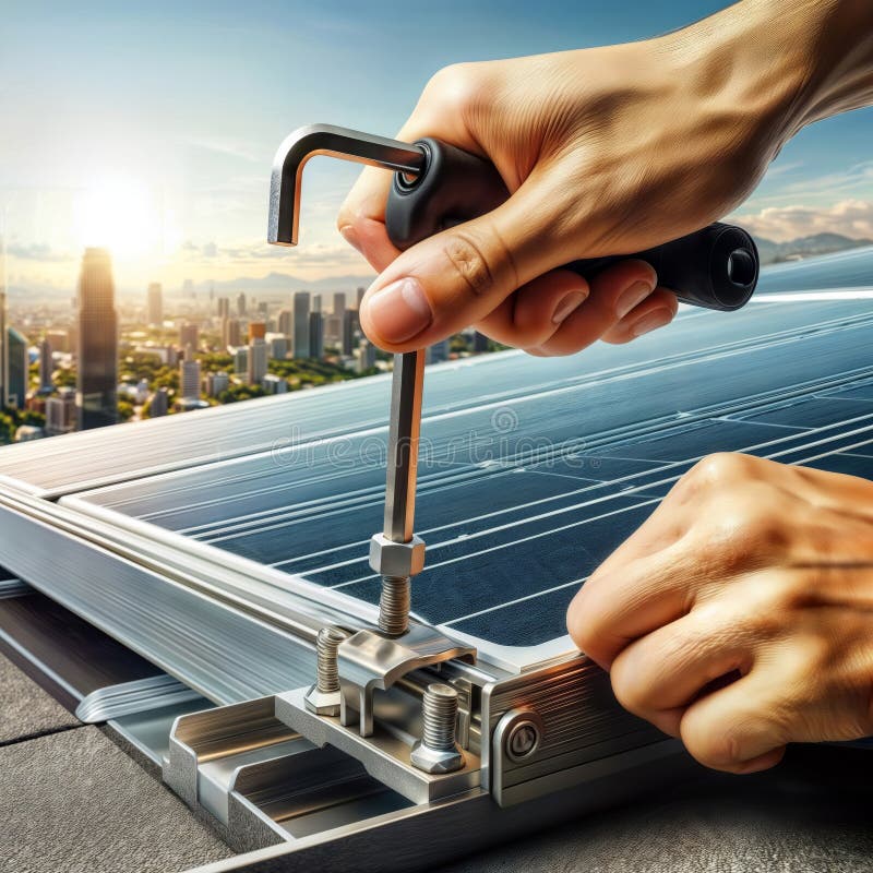 Close-up of Hand Securing Solar Panel with Sunset Skyline, Generative ...
