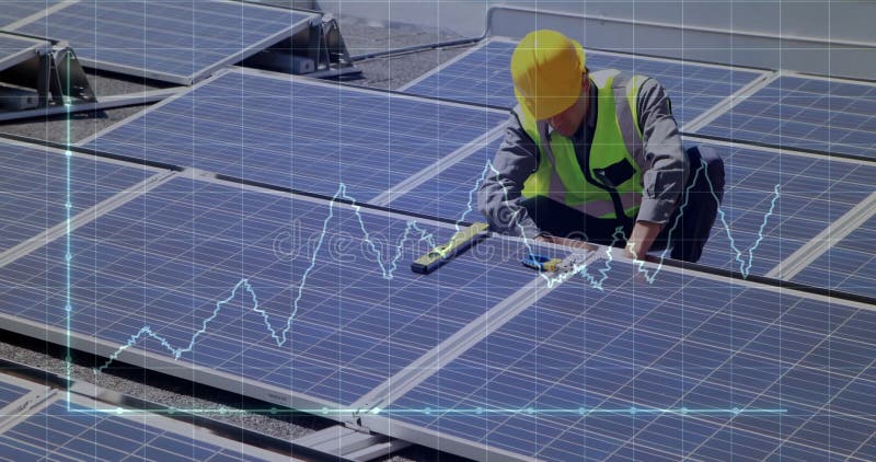 Installing Solar Panels, Worker in Safety Gear with Animation of Data ...