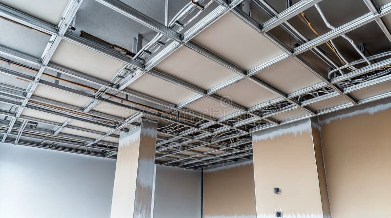 Installing Suspended Ceiling Grid System with Electrical Wiring and ...