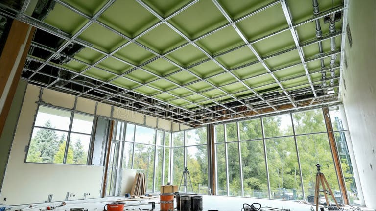 Installing Suspended Ceiling Grid System in Modern Building Stock Image - Image of interior ...