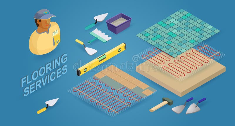 Installing Tiles on Insulated Floor. Builder, Tools and Tile. Vector ...