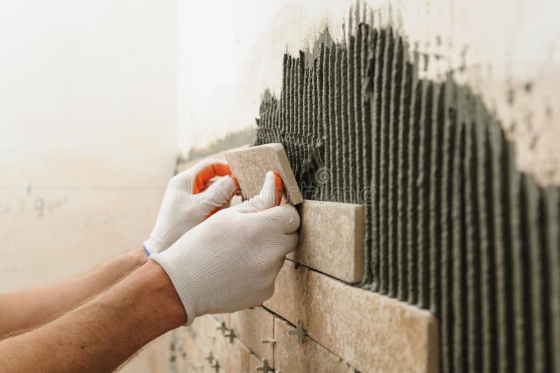 Installing the Tiles on the Wall. Stock Image - Image of tile, person ...