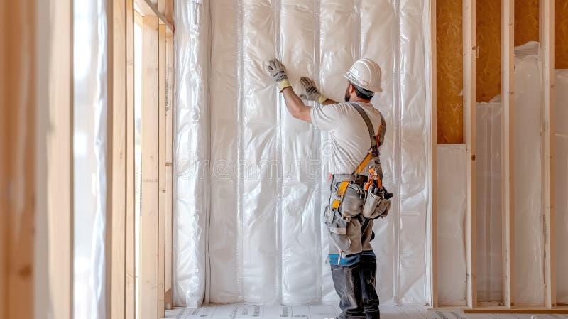 Installing Wall Insulation in Construction Site with Worker Wearing ...