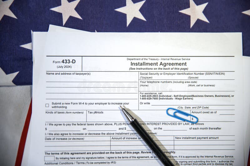 Installment Agreement Form 433-D with American Flag in the Backdrop and ...