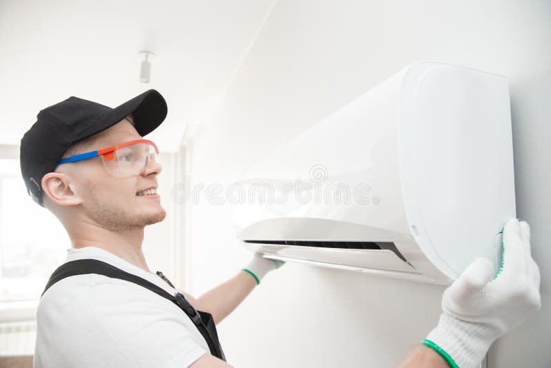 Installs Air Conditioner Worker Man White Wall Stock Photo - Image of ...
