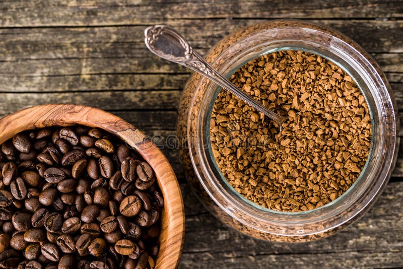 The Instant Coffee and Coffee Beans. Stock Photo - Image of grain ...