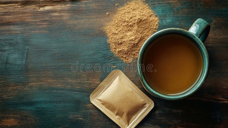 Instant Coffee Powder with Mug and Packet on Rustic Wooden Table Stock ...