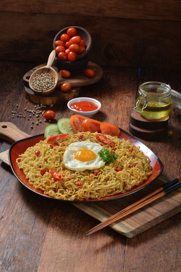 Instant Food Fried Noodles with Various Toppings. Stock Image - Image ...