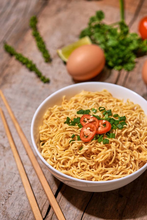 Instant Noodle in Bowl Cooked Spicy Taste Topping with Eggs Stock Image ...